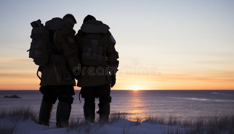 Two Male Explorers Standing on the Beach at Dawn on the Arctic Shores ...