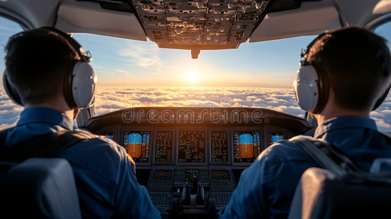 Two Male Pilots in Cockpit Over Clouds during Sunset Stock Photo ...