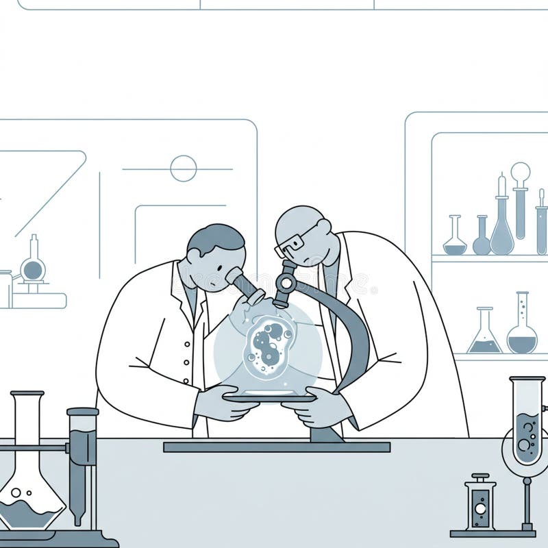 Two Male Scientists are Observing Something through a Microscope in a ...