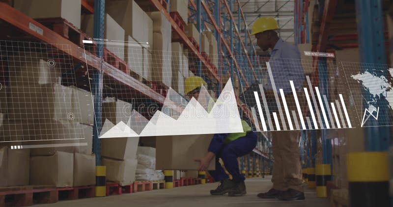 Two Male Workers Lifting Box in Logistics Hub, Displaying Floating Bar ...