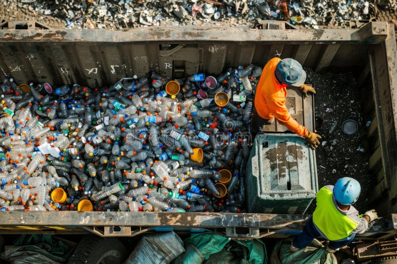Two Male Workers are Sorting through a Dumpster Filled with Plastic ...