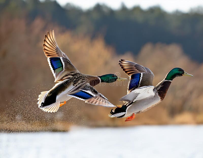 Two Mallard Ducks in Flight Stock Illustration - Illustration of fowl ...