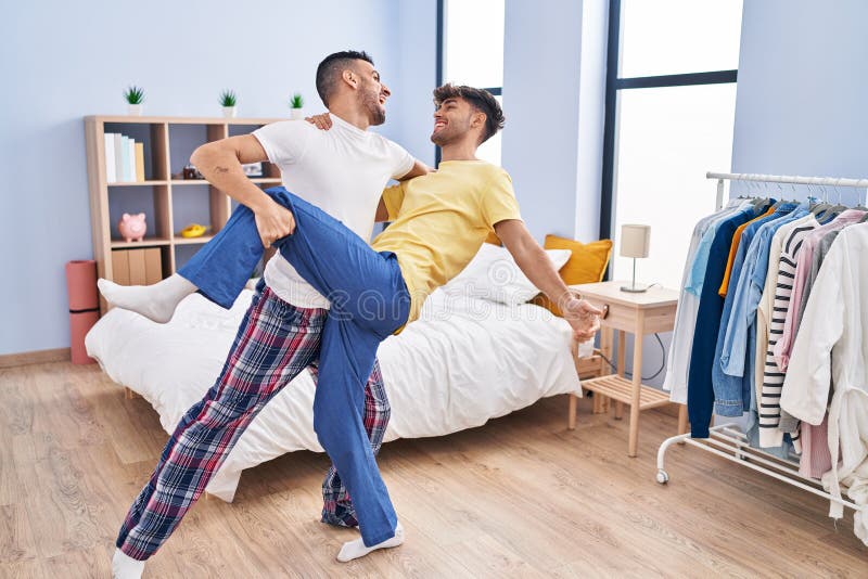 Two Man Couple Dancing at Bedroom Stock Photo - Image of hispanic, wake ...