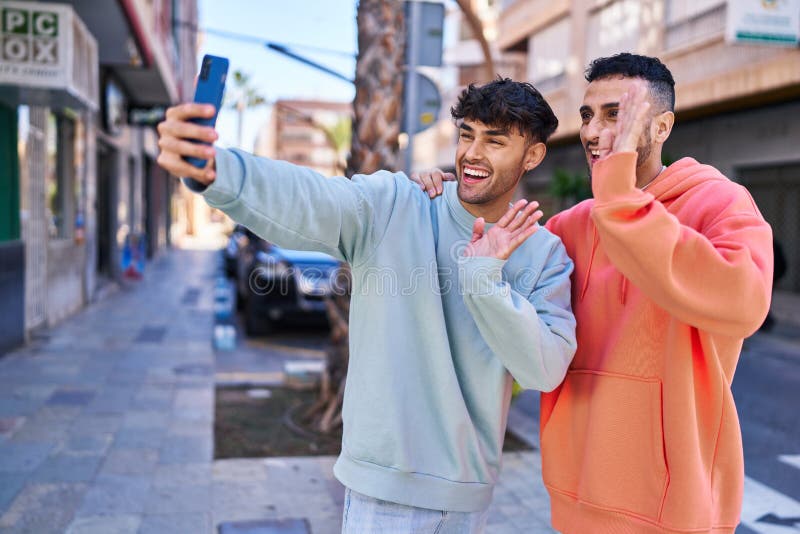 Two Man Couple Having Video Call at Street Stock Photo - Image of ...