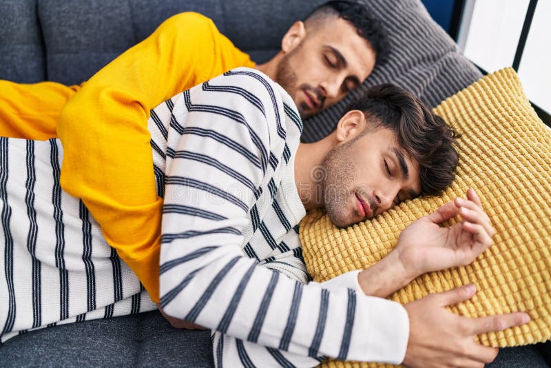 Two Man Couple Hugging Each Other Sleeping on Sofa at Home Stock Image ...
