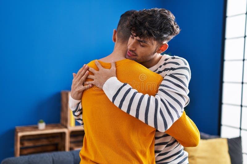 Two Man Couple Hugging Each Other Standing at Home Stock Image - Image ...