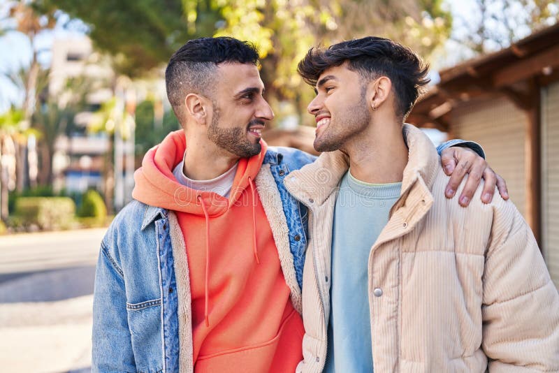 Two Man Couple Hugging Each Other Standing at Park Stock Image - Image ...