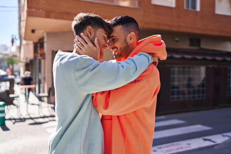 Two Man Couple Hugging Each Other Standing at Street Stock Image ...