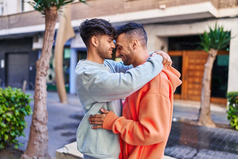Two Man Couple Hugging Each Other Standing at Street Stock Image ...