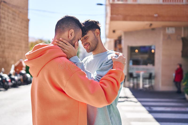 Two Man Couple Hugging Each Other Standing at Street Stock Image ...