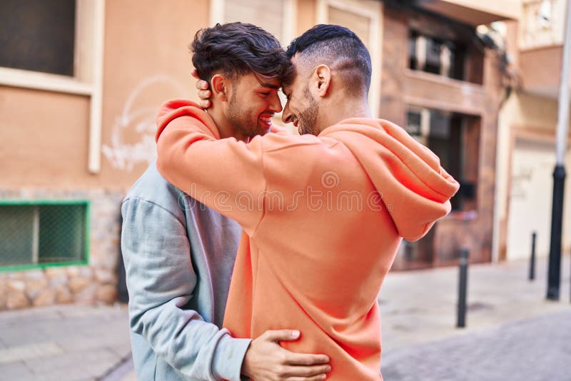 Two Man Couple Hugging Each Other Standing at Street Stock Image ...
