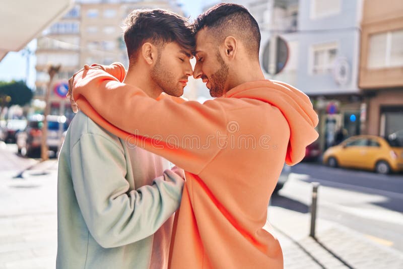 Two Man Couple Hugging Each Other Standing at Street Stock Image ...