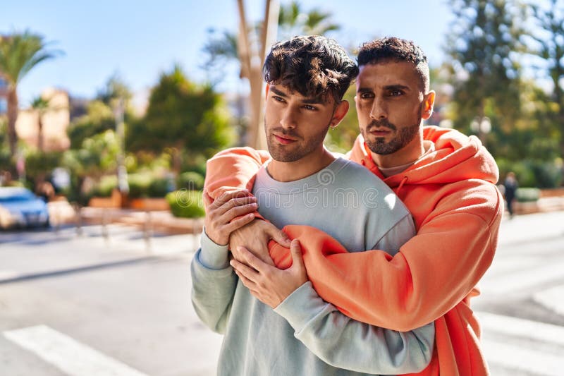 Two Man Couple Hugging Each Other Standing at Street Stock Image ...