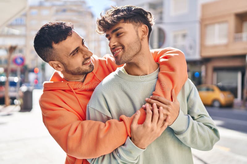 Two Man Couple Hugging Each Other Standing at Street Stock Image ...