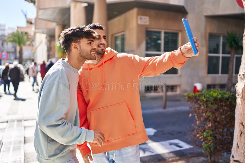 Two Man Couple Make Selfie by Touchpad at Street Stock Image - Image of ...