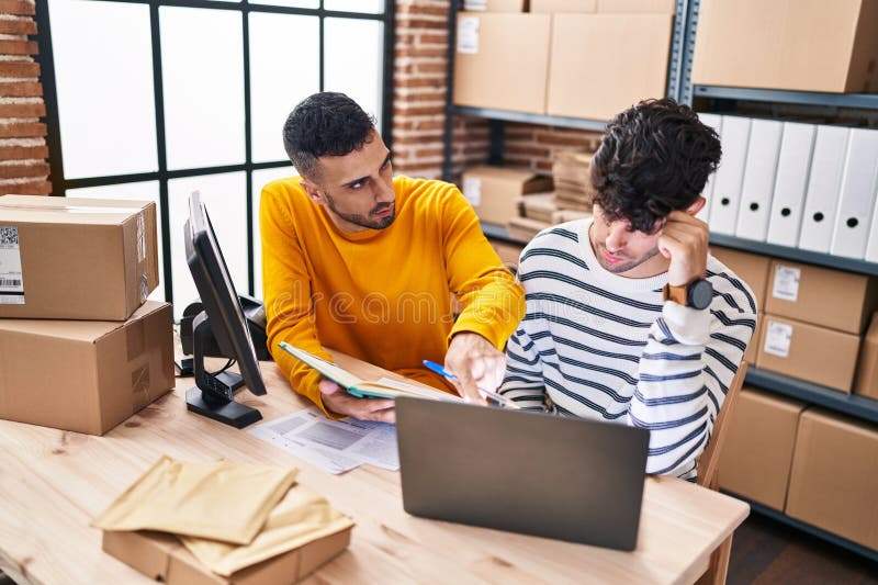 Two Man Ecommerce Business Workers with Problem Working at Office Stock ...