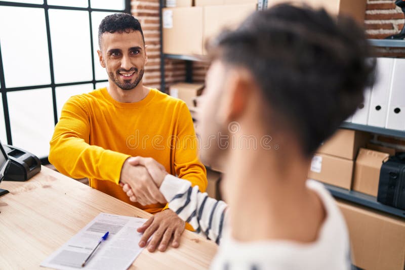 Two Man Ecommerce Business Workers Shake Hands at Office Stock Image ...