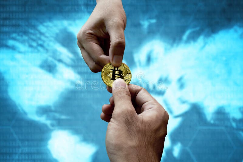 Two Man Hands Holding Bitcoin Stock Image - Image of business, bank ...