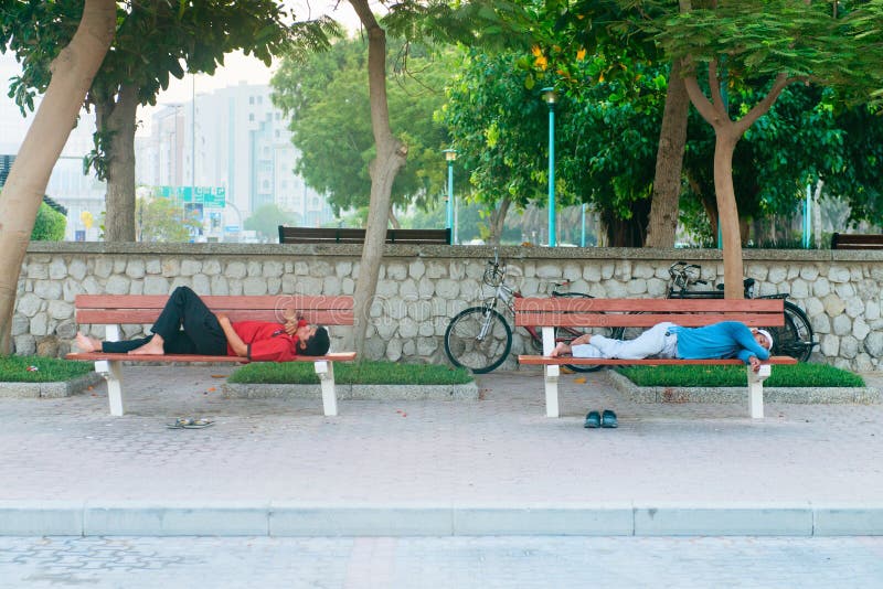 Two Man are Sleeping on Benches in Early Morning Editorial Photography ...
