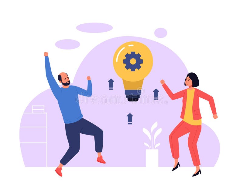 Two Managers Celebrating Successful Idea Symbolized by Light Bulb and a ...