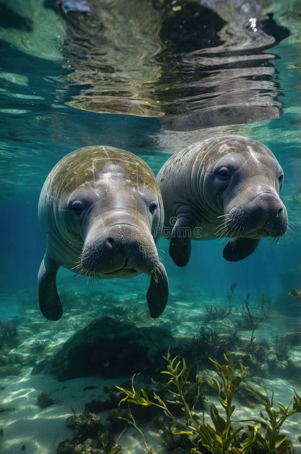Two Manatees Swimming Gracefully Underwater among Aquatic Plants Stock ...