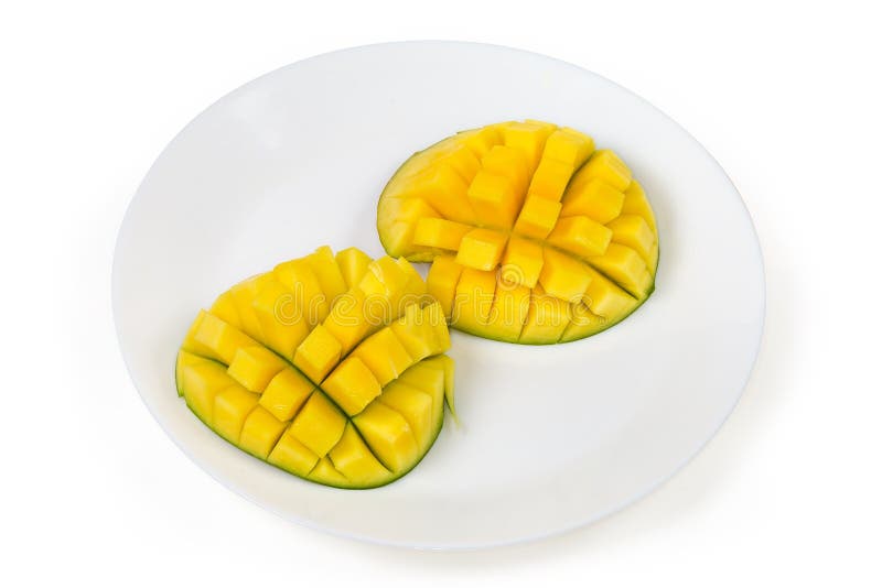 Two Mango Halves Cut in Form Hedgehog Style on Dish Stock Image - Image ...