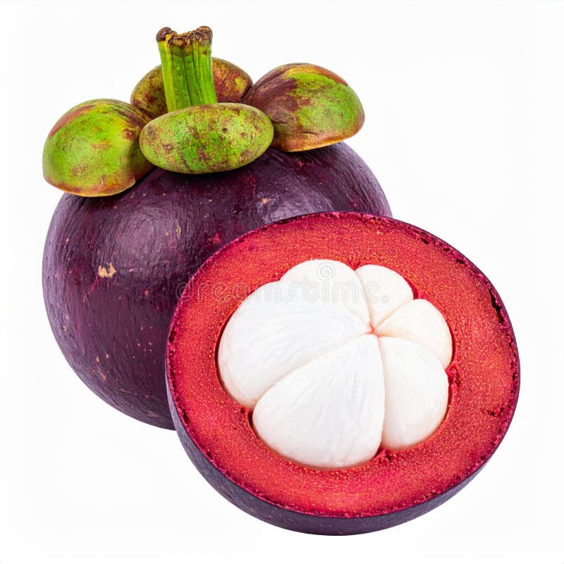 Two Mangosteens One Cut Open Showing White Segments Isolated on White ...