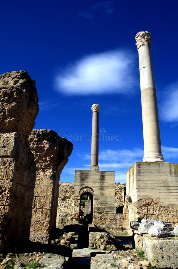 Two Marble Pillars and Blue Sky in Carthage, Tunisia Stock Photo ...