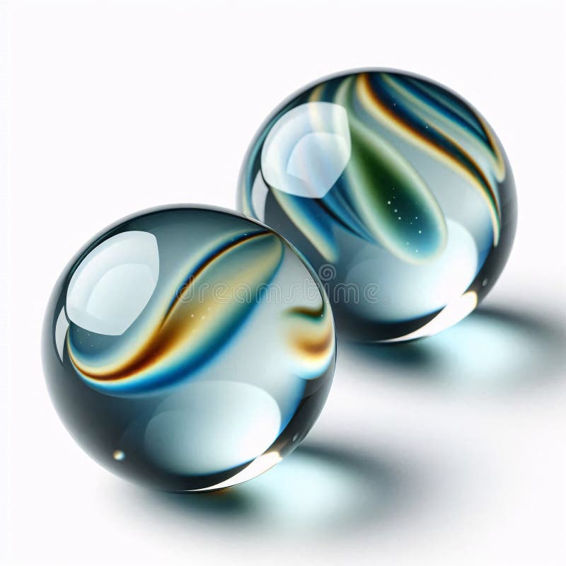 Two Marbles with Swirling Blue and Brown Patterns on a White Surface ...