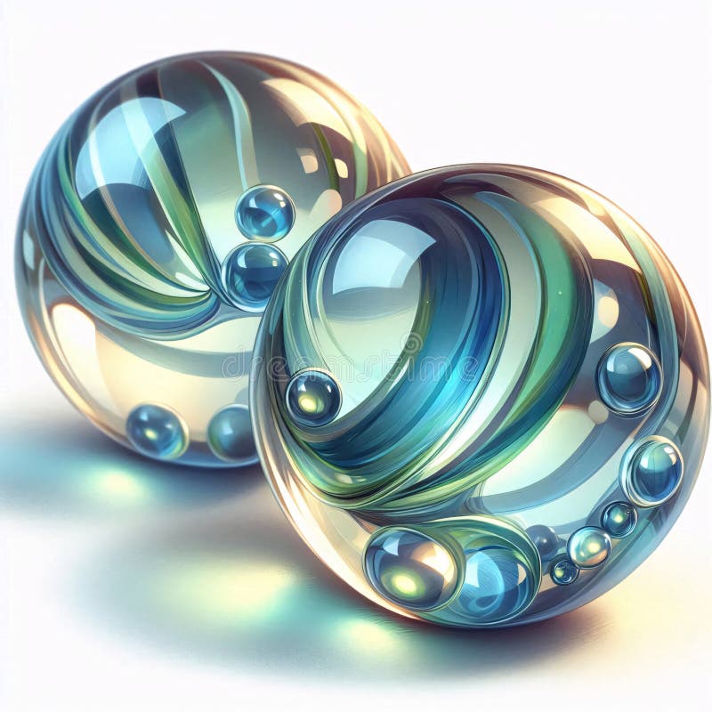 Two Marbles with Swirling Blue and Brown Patterns on a White Surface ...