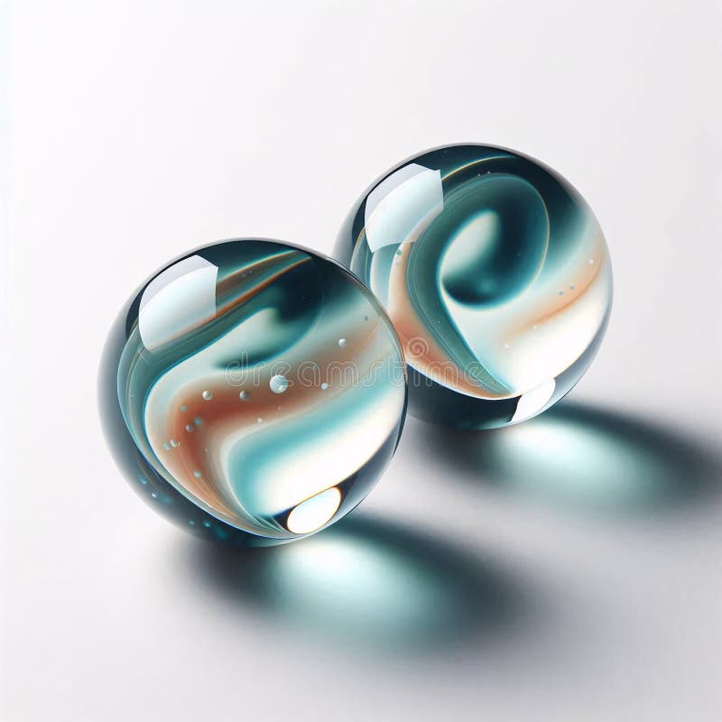 Two Marbles with Swirling Blue and Brown Patterns on a White Surface ...