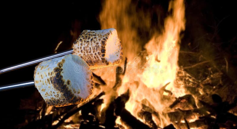 Wind Blown Fire with Marshmallows Cooking Stock Photo - Image of white ...
