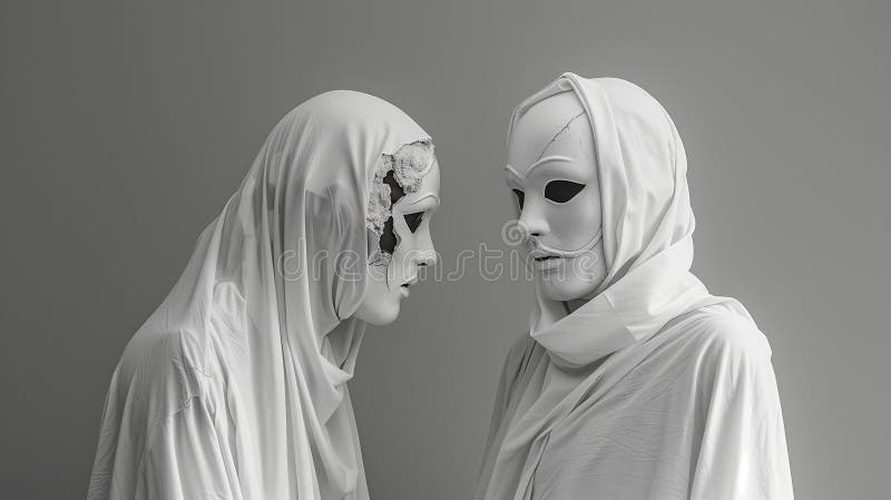 Two Masked Figures Dressed in White Fabric Engage in a Silent ...