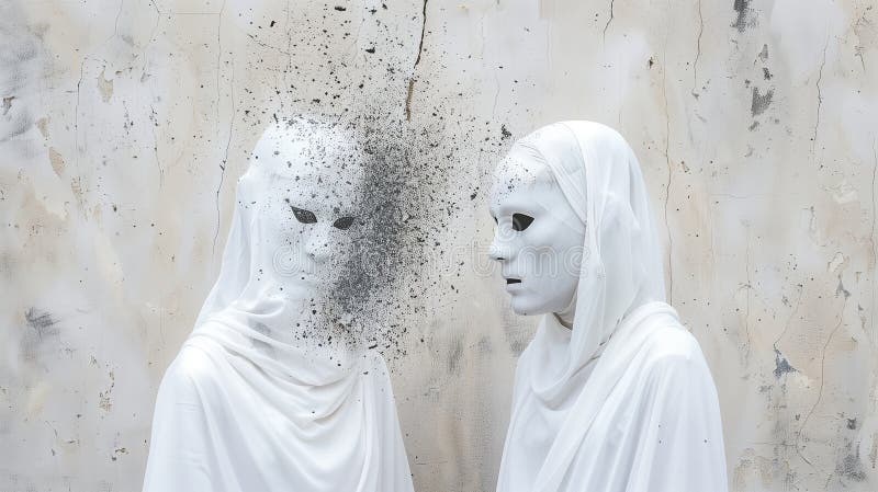 Two Masked Figures in White Face Off, Symbolizing Tension and Potential ...