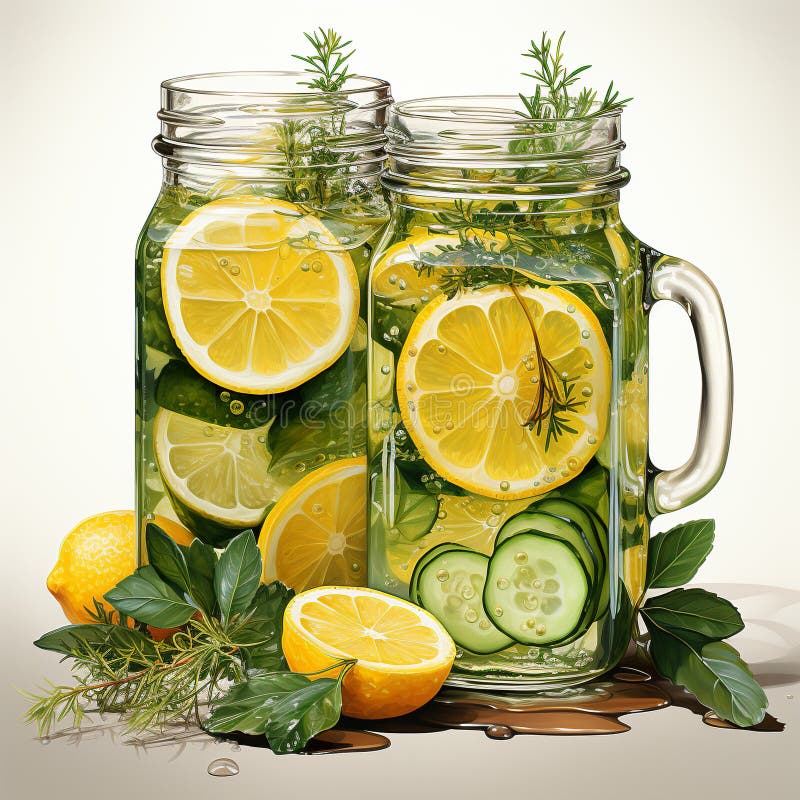 Two Mason Jars Filled with Sliced Lemons and Cucumbers. Generative AI ...