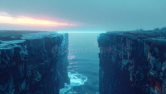 Fantasy Landscape with Glowing Cyan Bridge Spanning Dramatic Cliffs ...