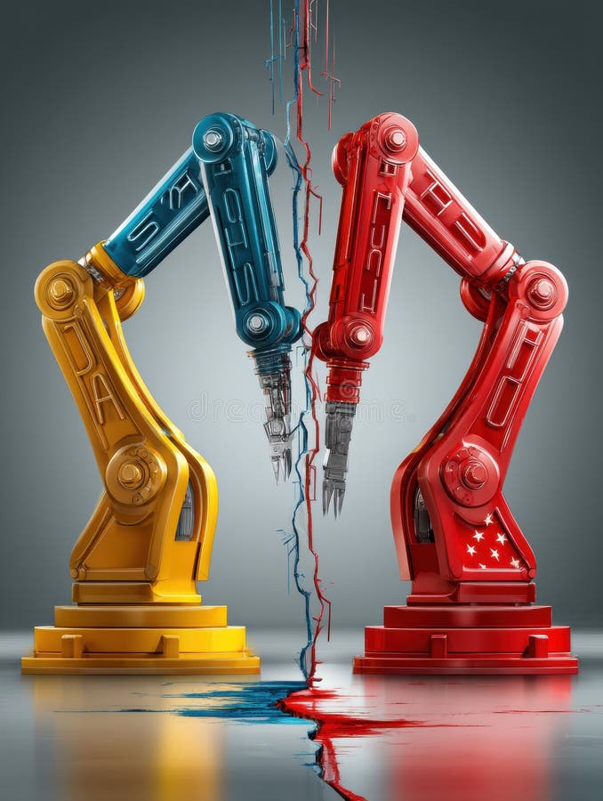 Giant Robotic Arms Labeled USA and China Pulling a Single Product Apart ...