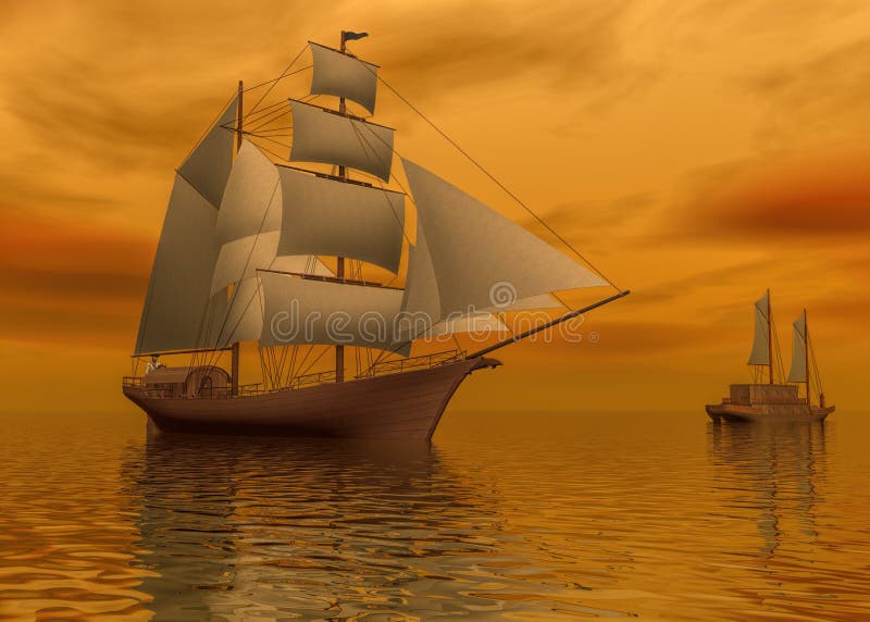 Two Mast Schooners Sails on Calm Sea during Sunset, 3d Rendering Stock ...