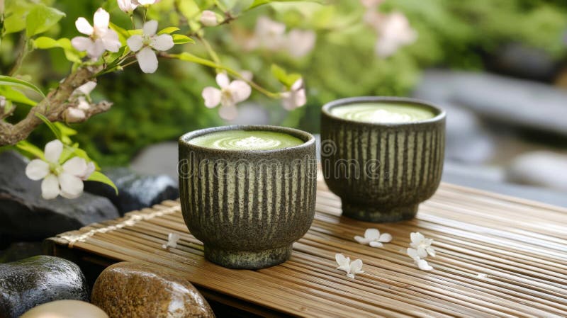 Two Matcha Latte Cups with Cherry Blossoms Stock Illustration ...