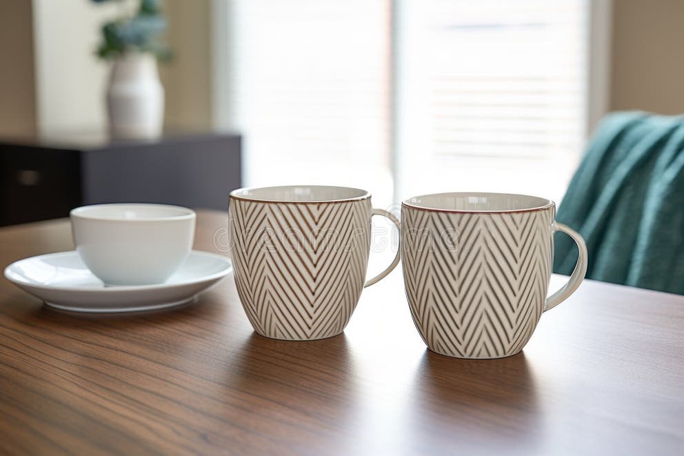 Two Matching Coffee Cups by a Large Dining Table Stock Photo - Image of ...