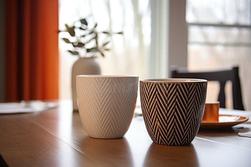 Two Matching Coffee Cups by a Large Dining Table Stock Image - Image of ...