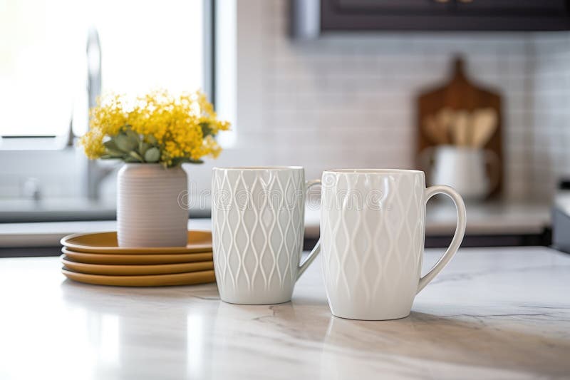 Two Matching Coffee Mugs on a Cozy Kitchen Counter Stock Photo - Image ...