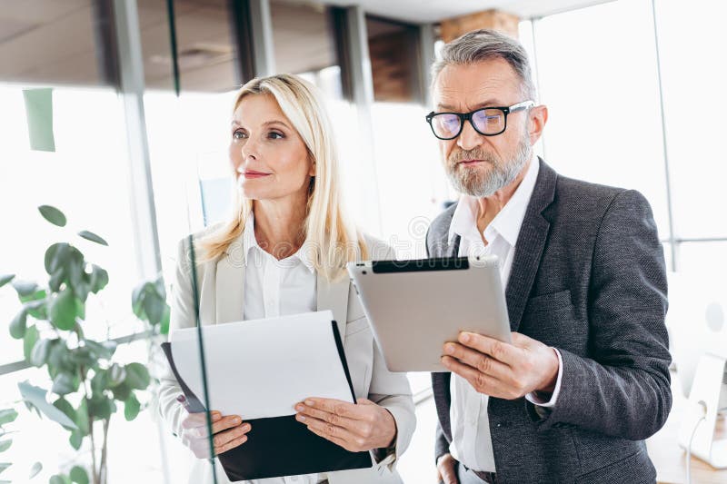 Two Mature Professionals Discussing Work in a Modern Office Environment ...