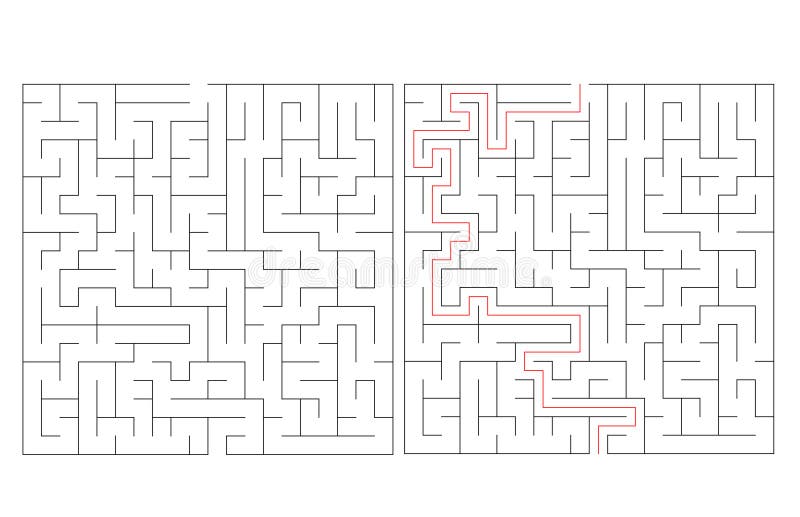 Two Square Mazes One Solved with a Red Path Shown Clearly Stock Vector ...