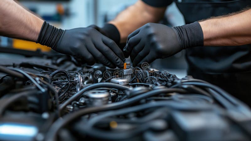 Two Mechanics in Black Gloves Work on Car Engine in Garage. Hands ...
