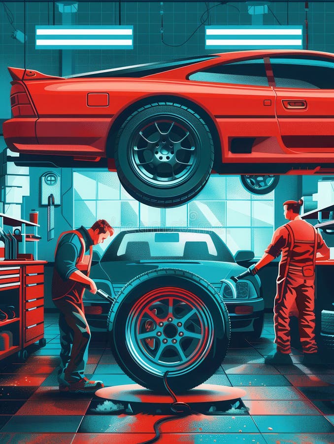 Two Mechanics are Focused on Changing Tires in a Well-lit Automotive ...