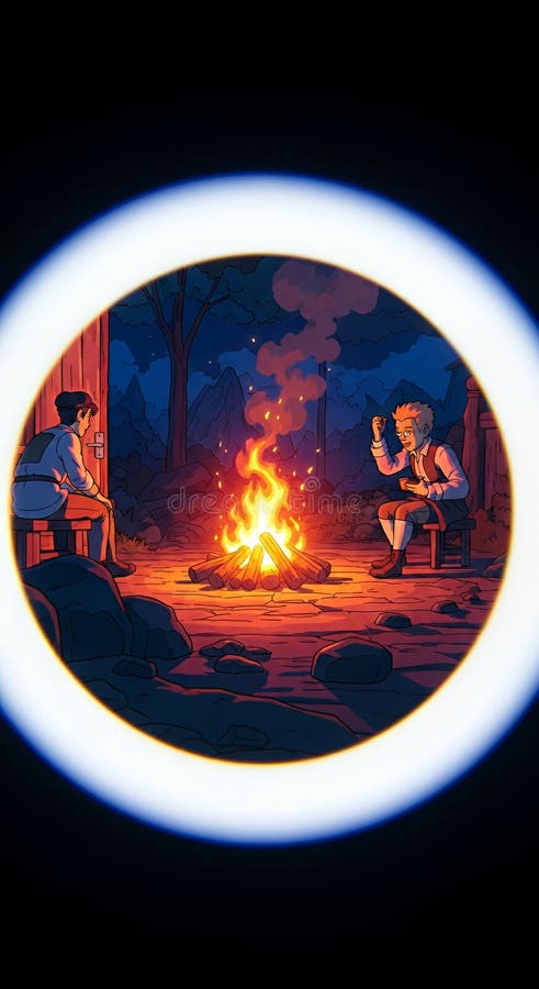 Two Medieval Men by Campfire at Night, Illuminated Circle Frame Stock ...
