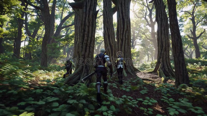 Two Medieval Warriors are Running through a Magical Forest, Their Armor ...