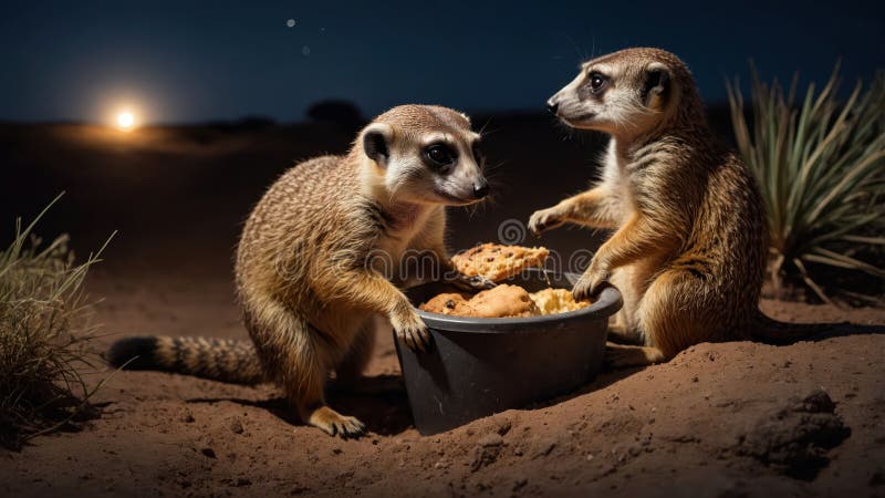 Two Meerkats Enjoying a Late-Night Snack Under the Moonlight Stock ...