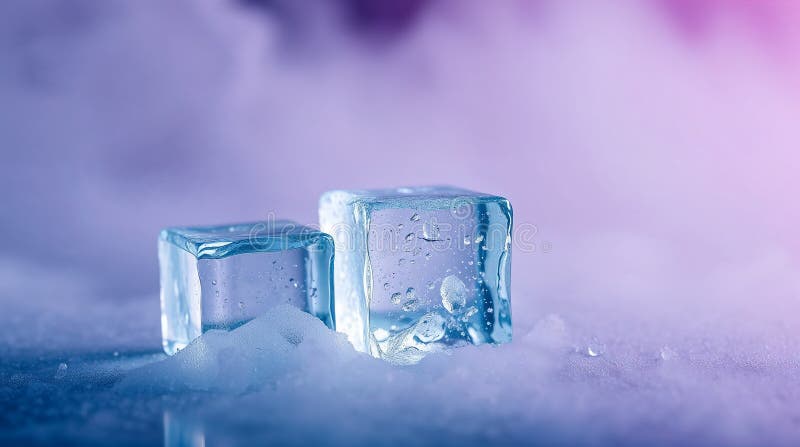 Two Melting Ice Cubes Resting on a Bed of Snow with Purple Background ...